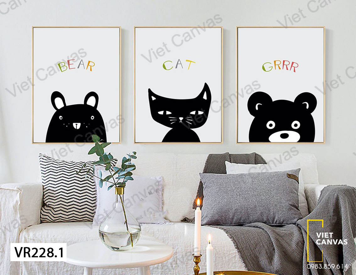 Bộ 3 Tranh Gấu Và Mèo - VR228.1 - Viet Canvas