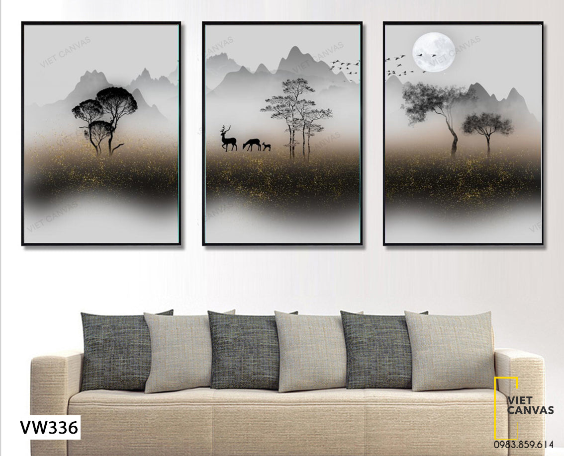 Bộ 3 Tranh Hươu Giữa Rừng Cây - VW336 - Viet Canvas