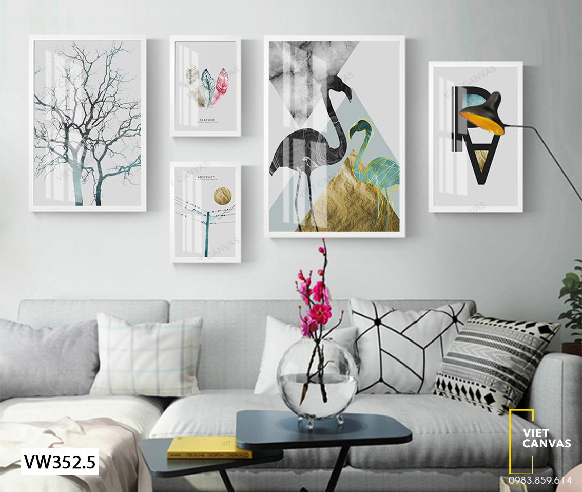 Bộ 5 Tranh Chú Hạc, Lông Vũ, Cây Khô Và Cột Điện - VW352.5 - Viet Canvas