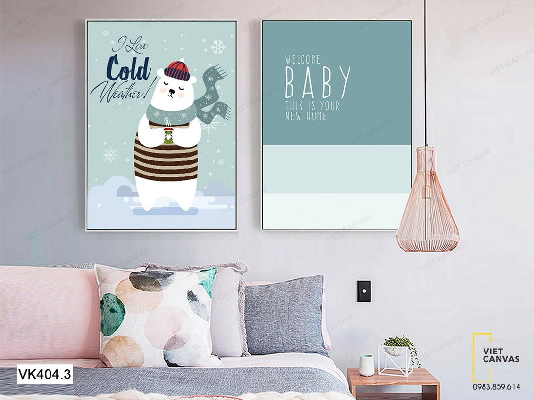 Bộ 2 Tranh Chú Gấu Mùa Đông Và Quotes - VK404.3 - Viet Canvas