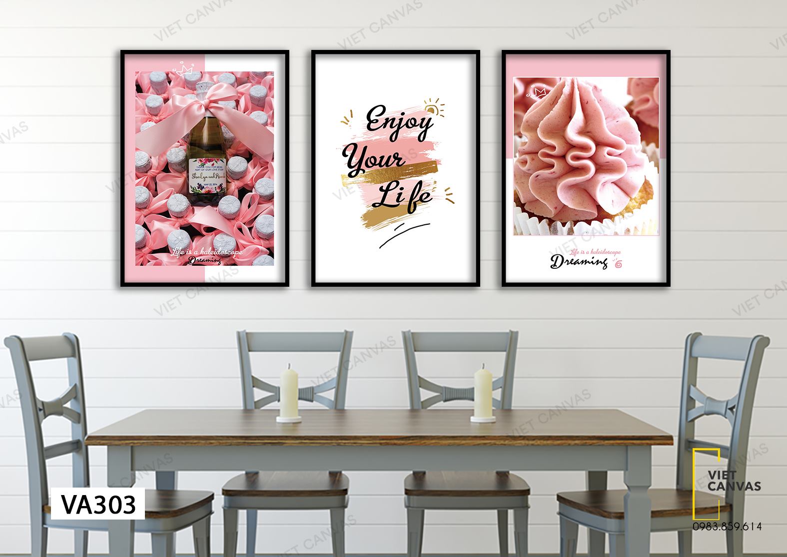 Bộ 3 Tranh Kem, Bánh Ngọt Và Quotes Enjoy Your Life - VA303 - Viet Canvas