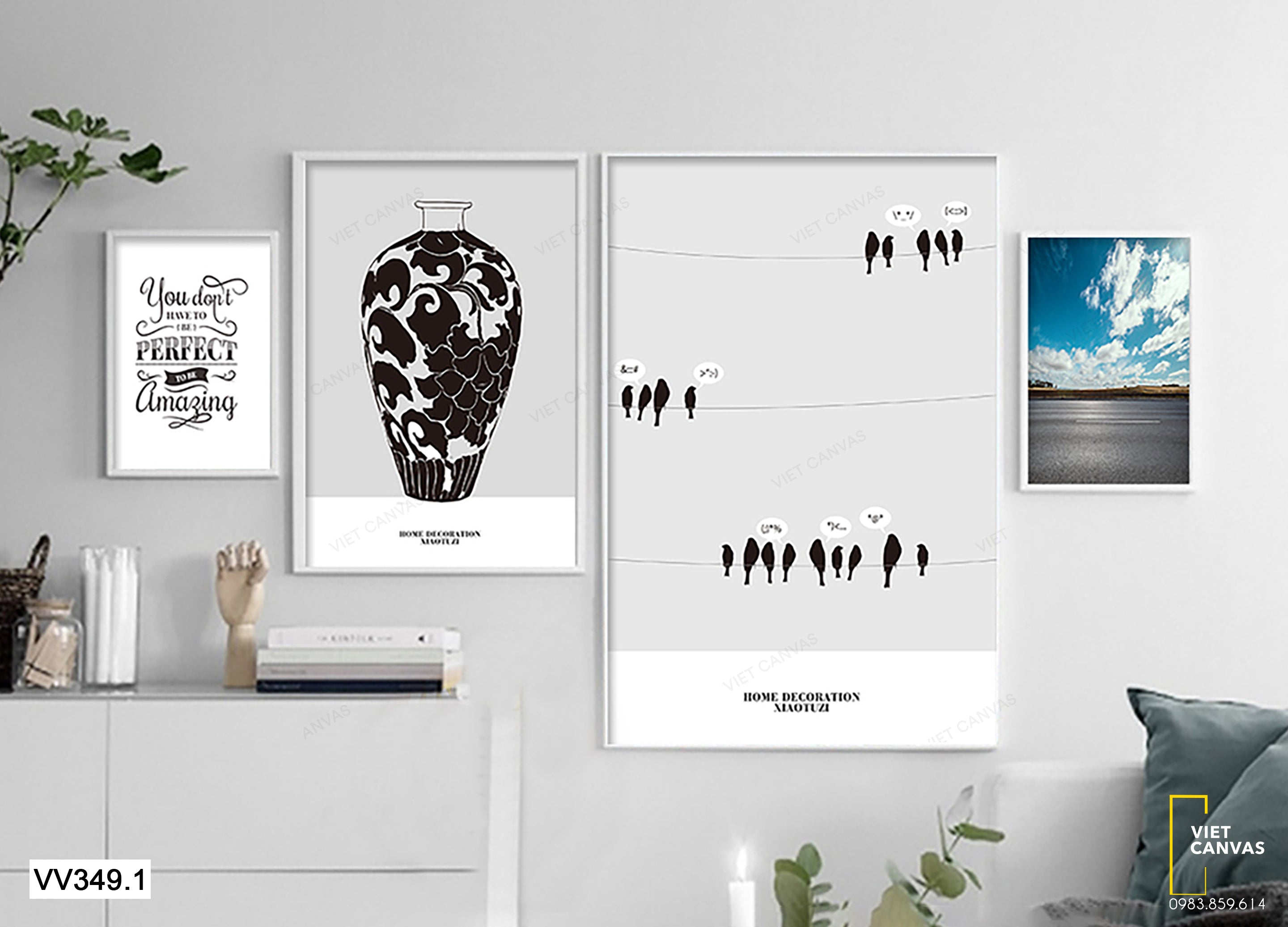 Bộ 4 Tranh Chim, Bình Gốm Và Quotes - VV349.1 - Viet Canvas