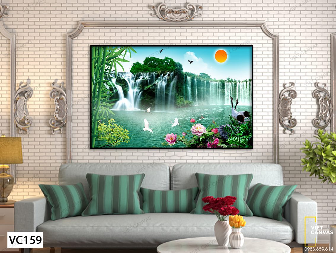 Tranh Thác Nước, Hoa Và Đàn Chim - VC159 - Viet Canvas